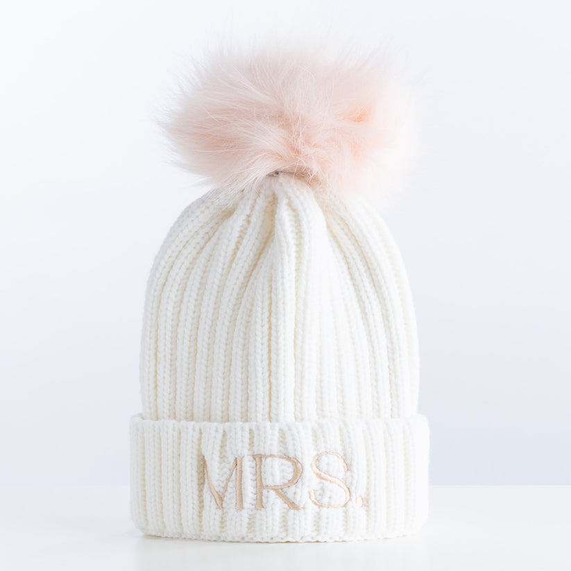 MRS White Beanie With Detachable Pom-Pom – Miss To Mrs® Shop